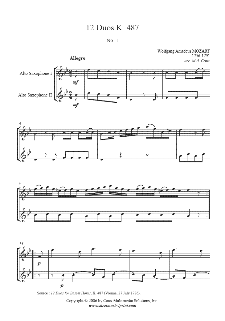Mozart : Duo K 487, No. 1 - Saxophone Duet – Sheetmusic2print