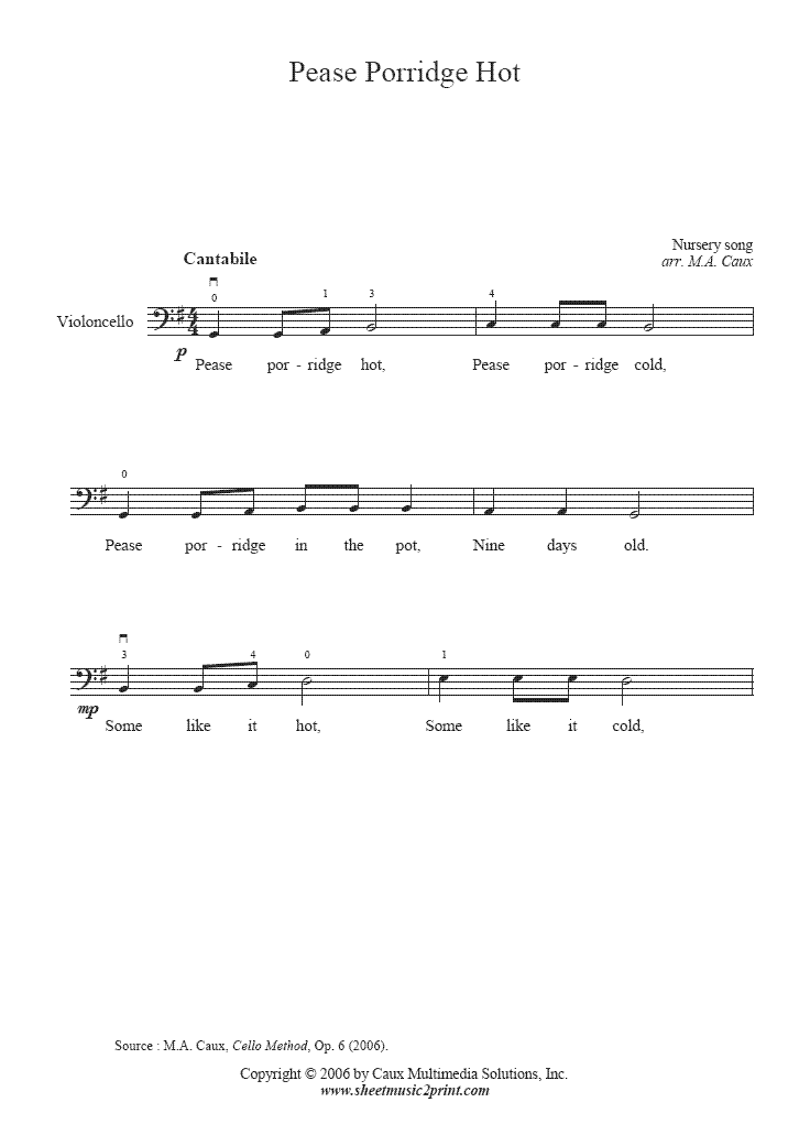 Pease Porridge Hot - Cello – Sheetmusic2print