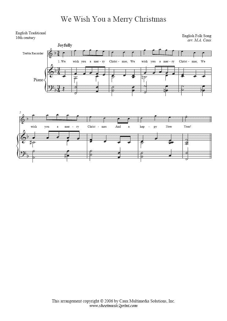 We Wish You A Merry Christmas - Treble Recorder – Sheetmusic2print